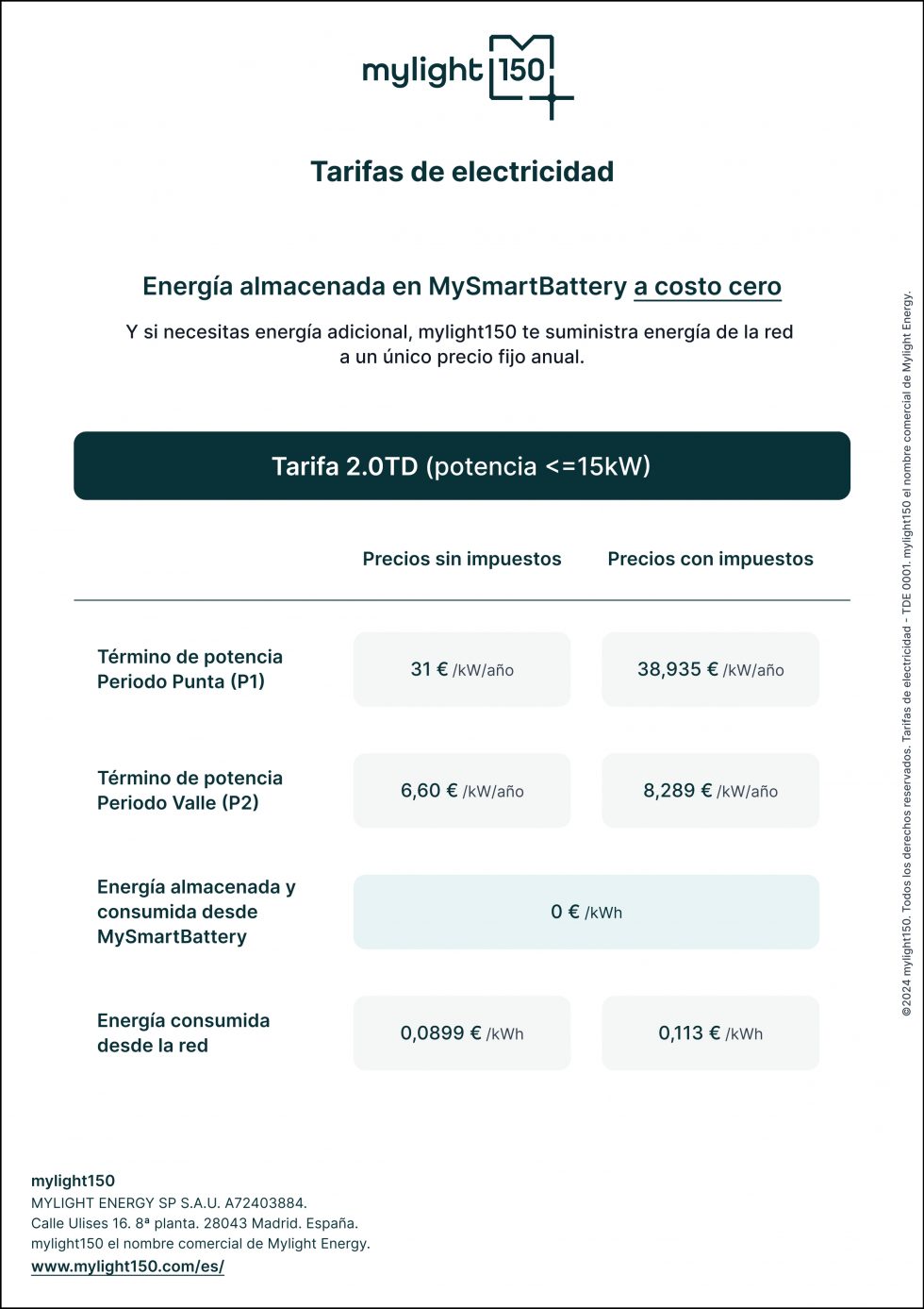 Tarifas Mylight150 | Portal Renovables